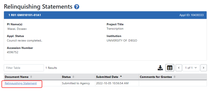 Viewing a Submitted Relinquishing Statement from Status Information (PI ...
