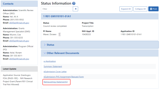 Viewing a Submitted Relinquishing Statement from Status Information (PI ...