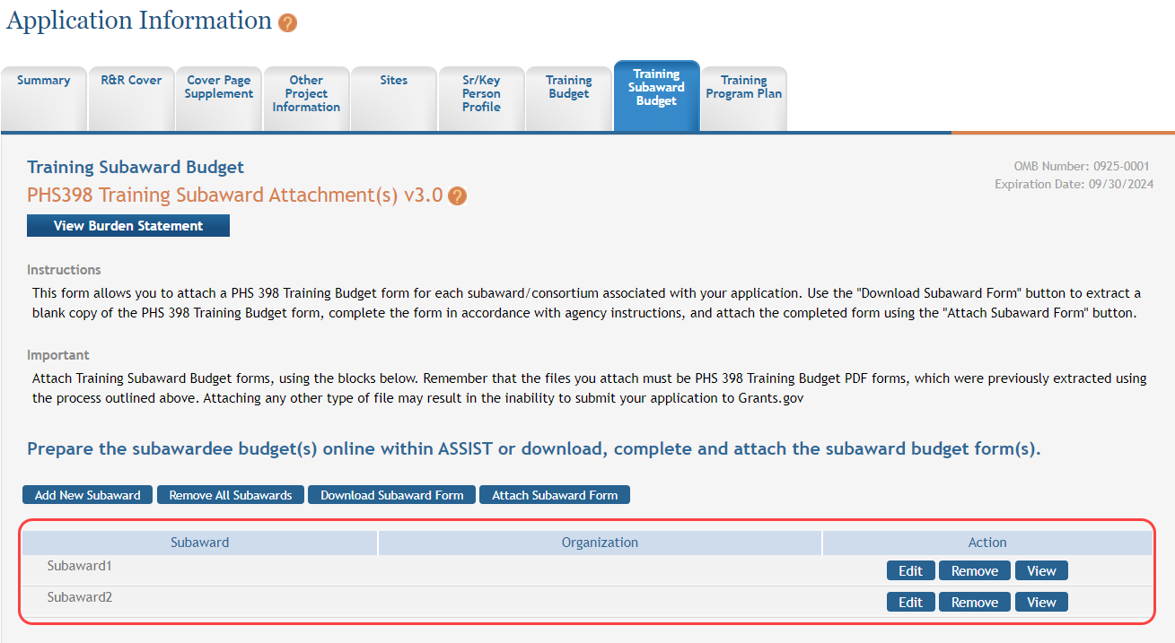 Training Subaward Budget
