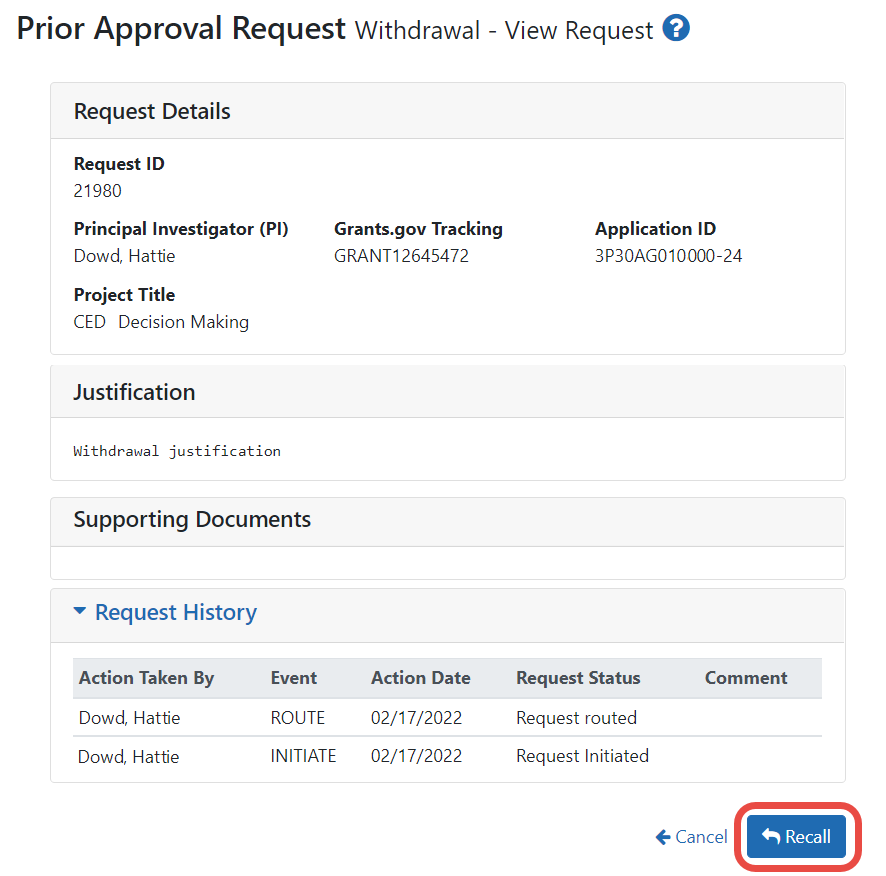 Recalling a Prior Approval Request