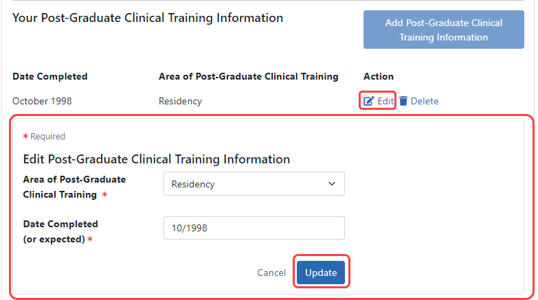 Edit Post Graduate Clinical Training Information