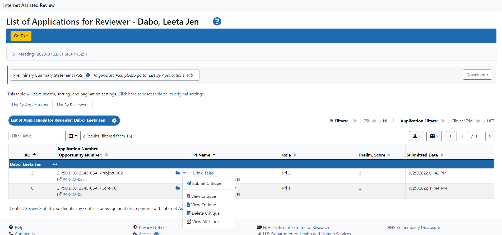 List of Applications for a Specific Reviewer