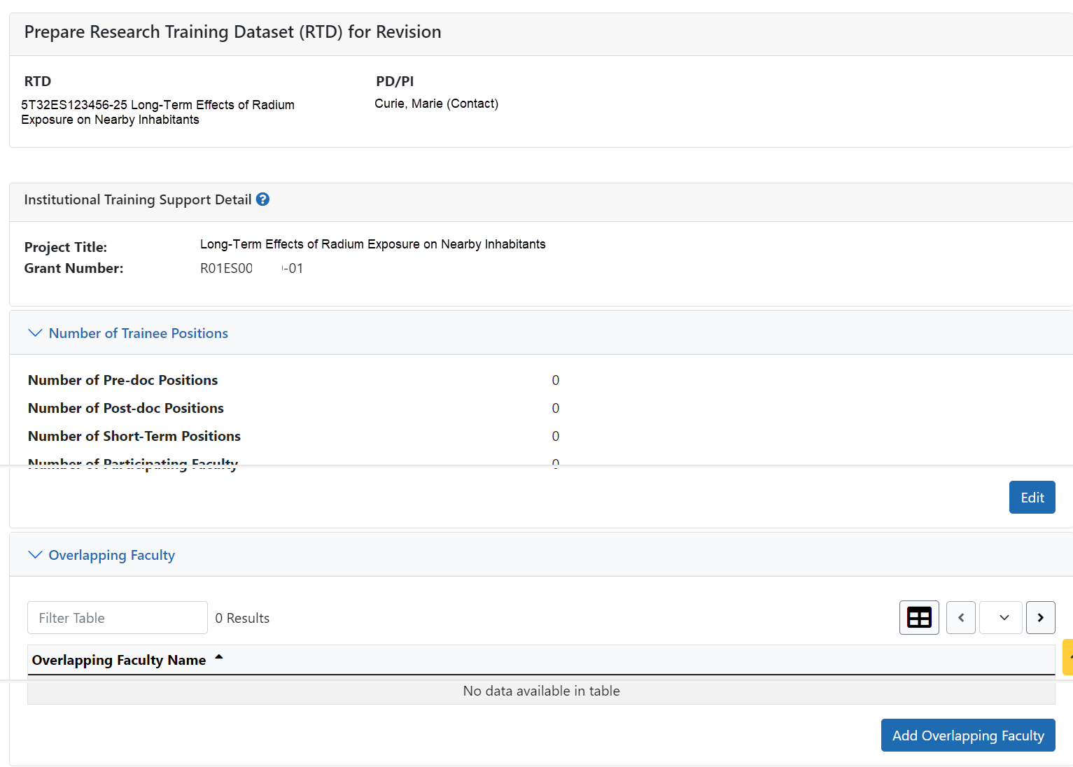 Institution Training Grant Detail